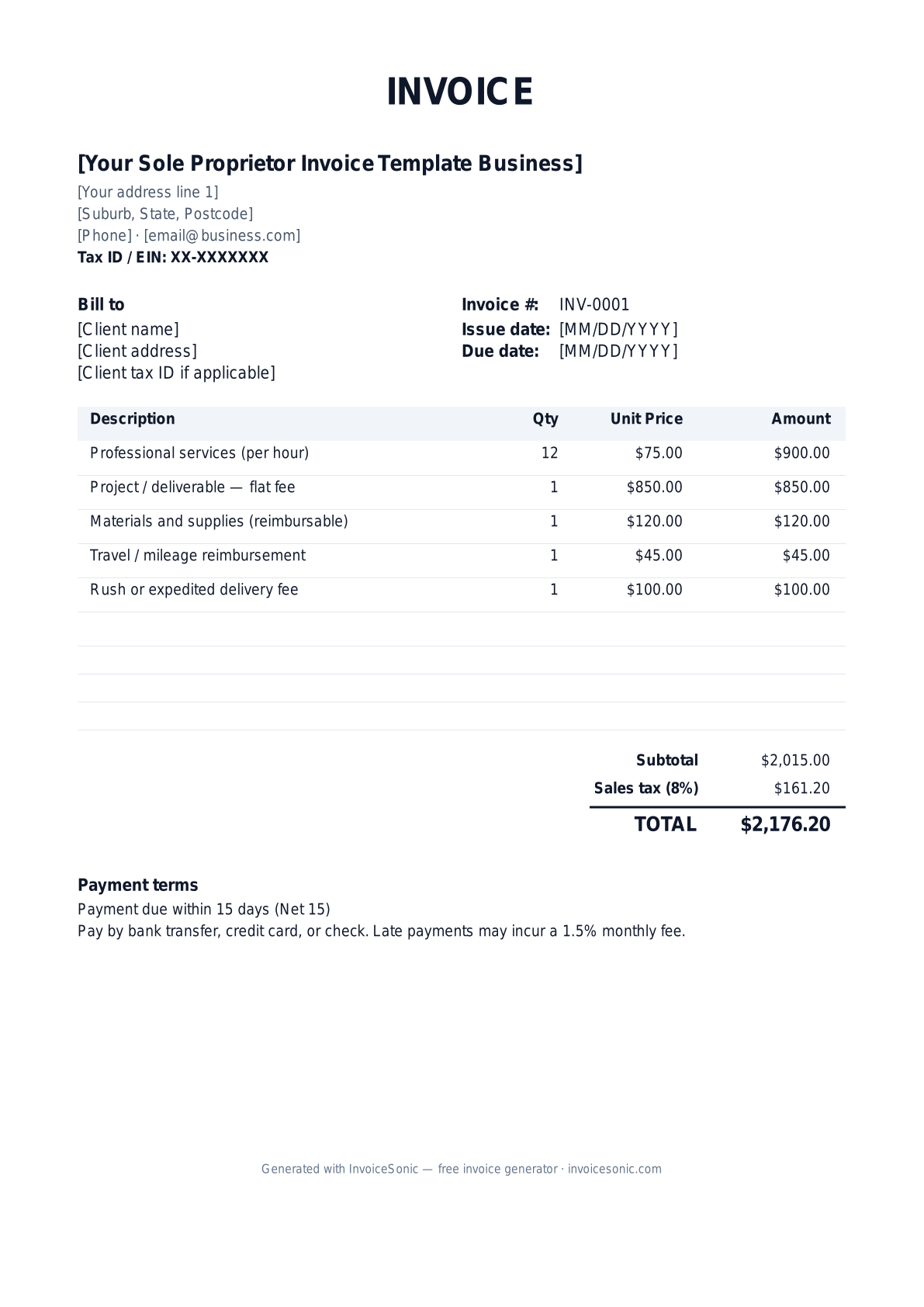 Free Sole Proprietor Invoice Template Invoice Template — Word, Excel ...